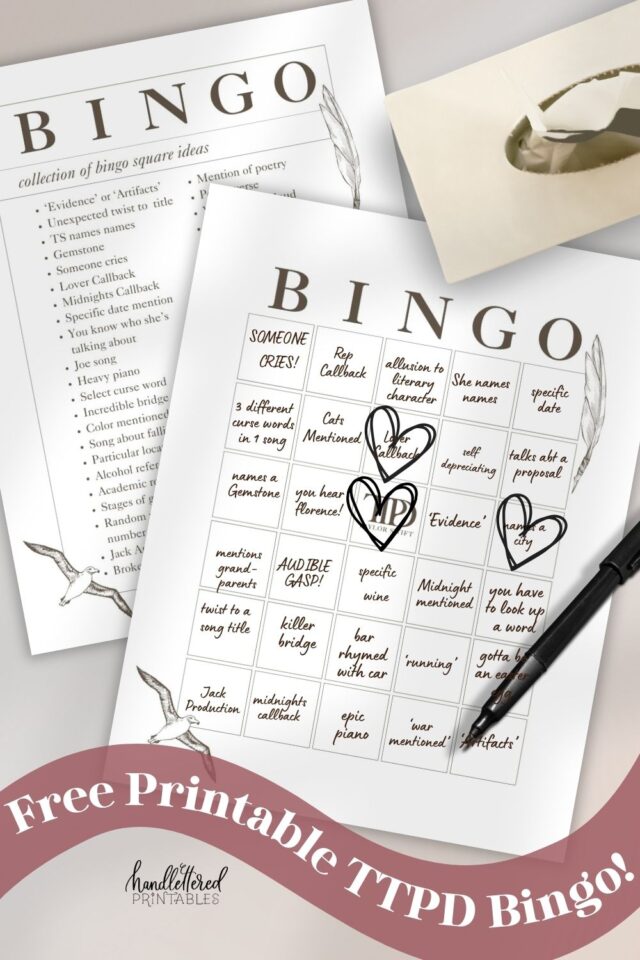 TTPD BINGO Free Printable - Hand Lettered Printables
