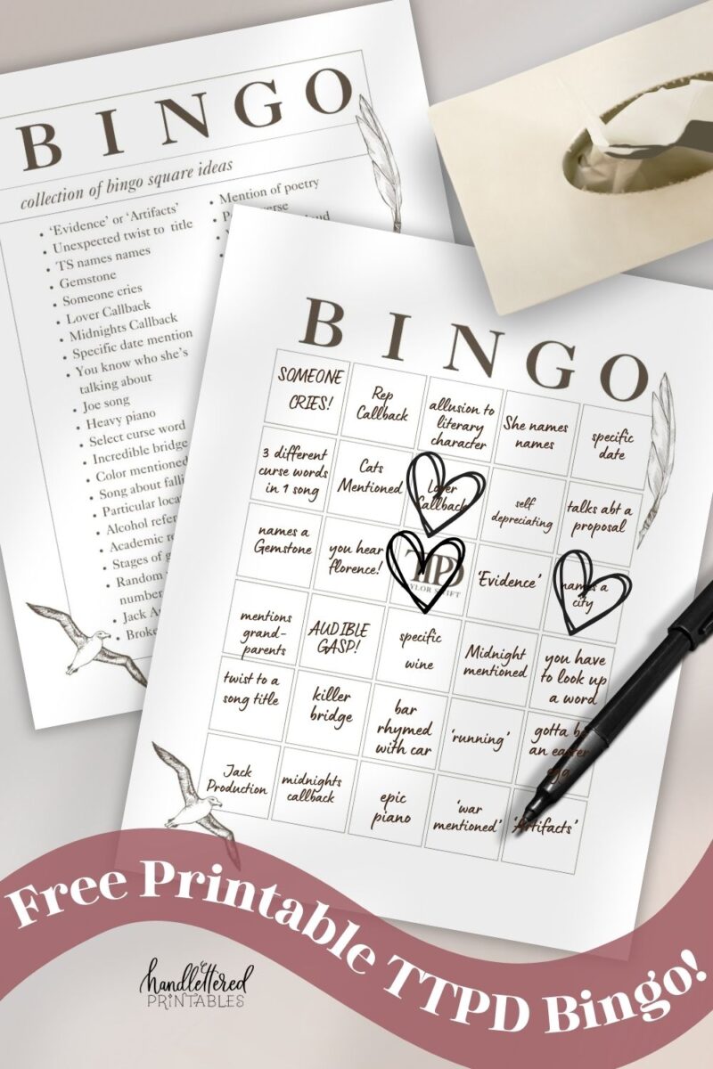 TTPD BINGO Free Printable - Hand Lettered Printables