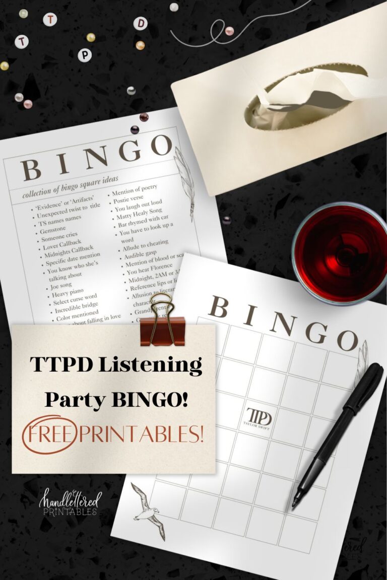 TTPD BINGO Free Printable - Hand Lettered Printables