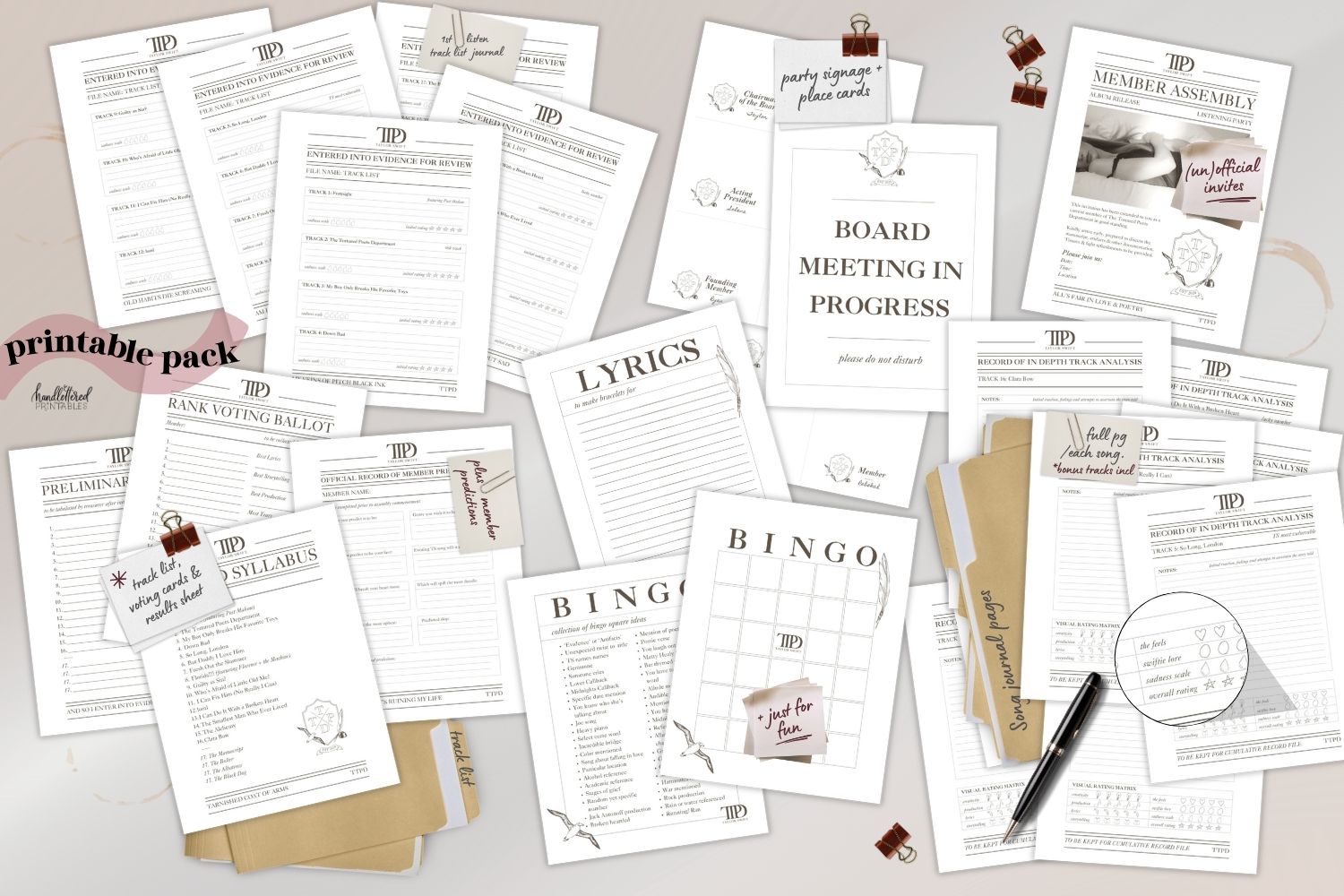 TTPD BINGO Free Printable - Hand Lettered Printables